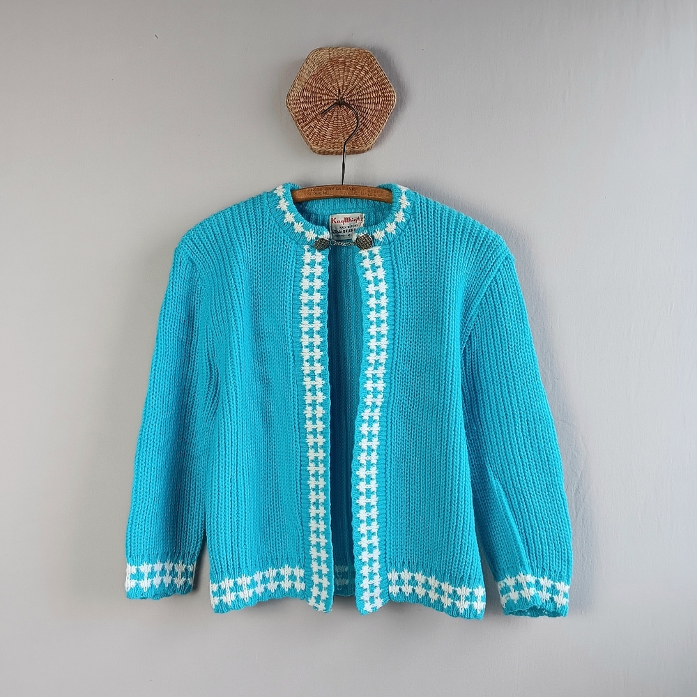 Vintage Kay Wright 1950s 1960s Teal Knit Cardigan Siz… - Gem
